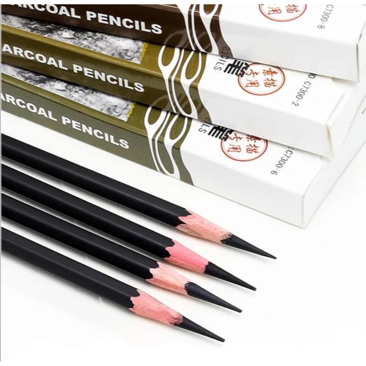 Maries 12Pcs Wood Charcoal Pencil Set Soft Neutral Hard Black Sketch Charcoal for Artist ...