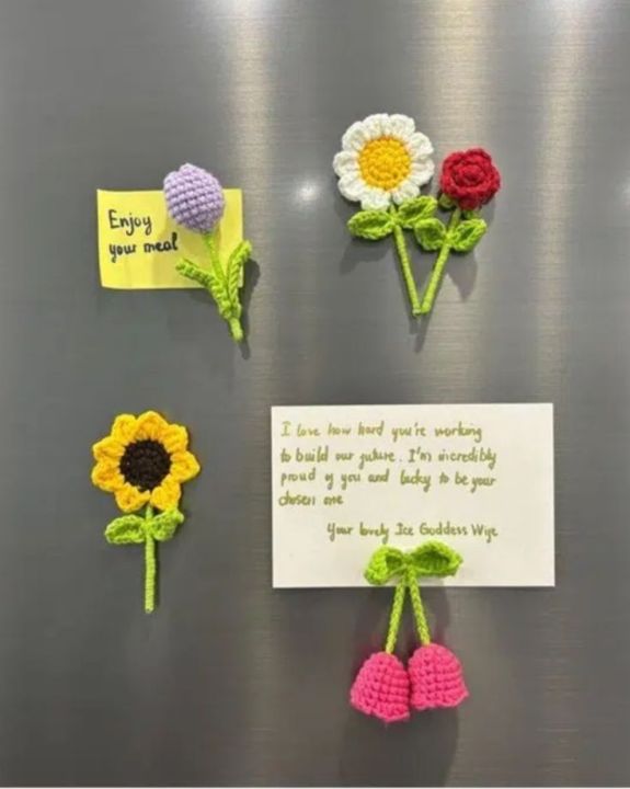 Handmade Crocheted Flower & Fruit Refrigerator Magnets – Modern Fridge ...