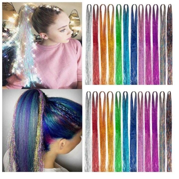 200 Strands Holographic Sparkle Hair Tinsel Extensions Dazzles 90cm ...