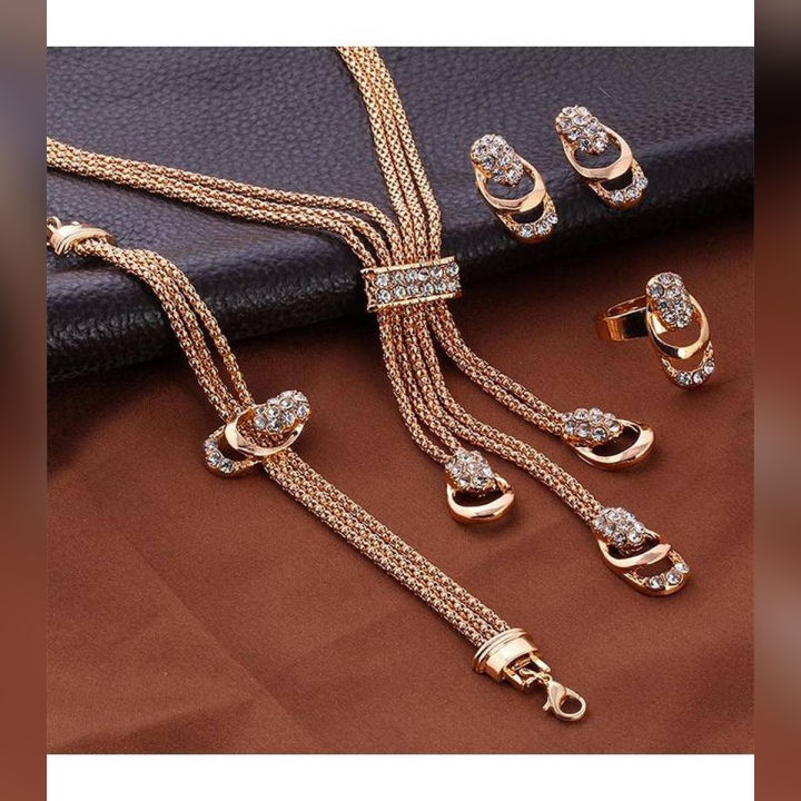 Rose Gold Color Crystal Necklace Earring Bracelet Ring Set Rhinestone ...