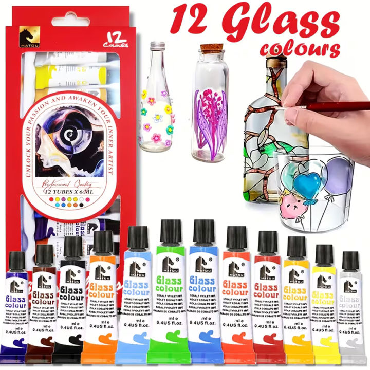 Glass Painting Color Set - 12 Colors 6ml Each | Transparent Glass Paint ...