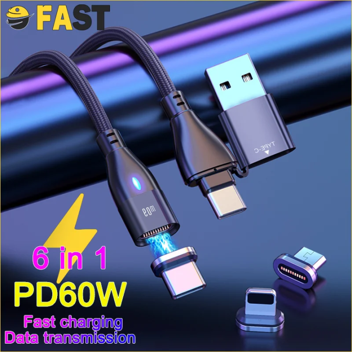 6 in 1 Fast Charger USB C To Type C Cable PD 60w Micro Magnetic Data ...