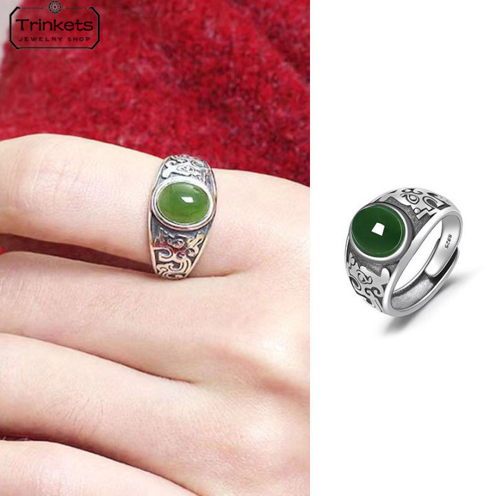 Imitation Hetian Jade Jasper Men's Silver Plated Ring Vintage Emerald ...