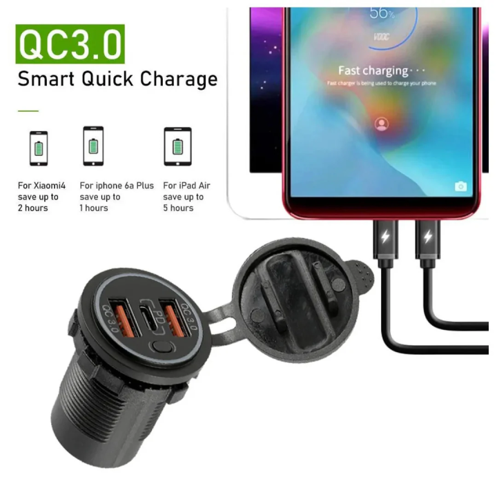 Universal USB Car Charger – Dual QC3.0 Fast Charging + PD Type-C Port ...
