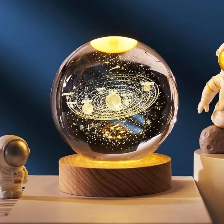 3D Engraved Faux Crystal Solar System Ball Night Light with Wooden Base ...