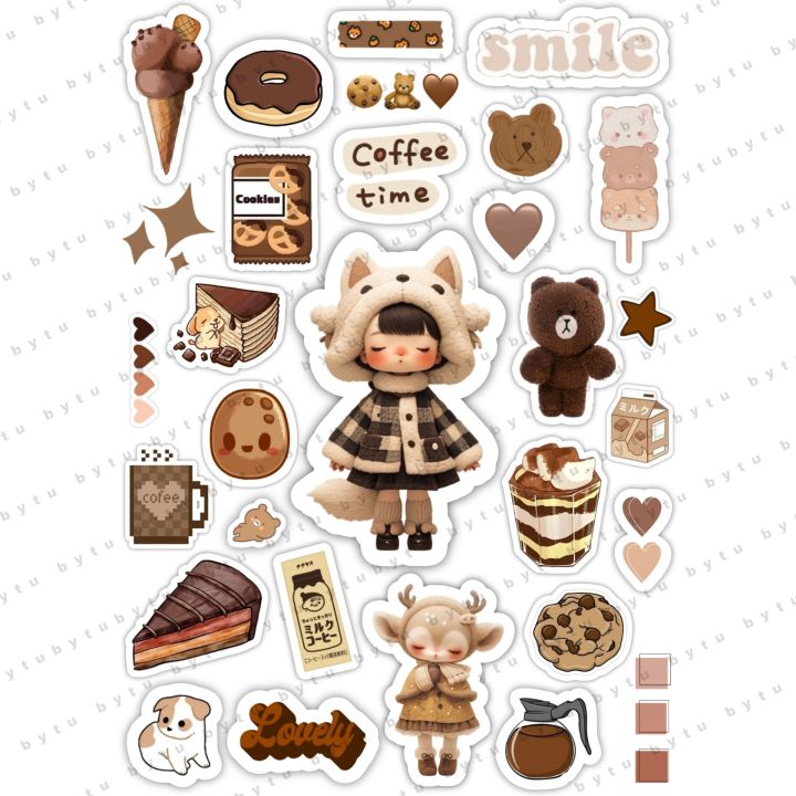 Cute Brown Aesthetic Sticker UNCUT A6 Sheet for Scrapbook Phone Cover ...