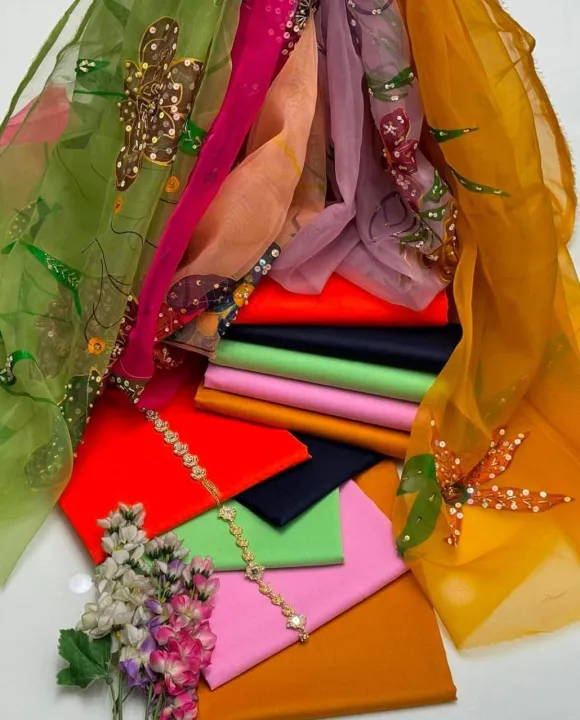 New Collection 3piece suit Organza Brush paint Dupatta with Cut dana ...