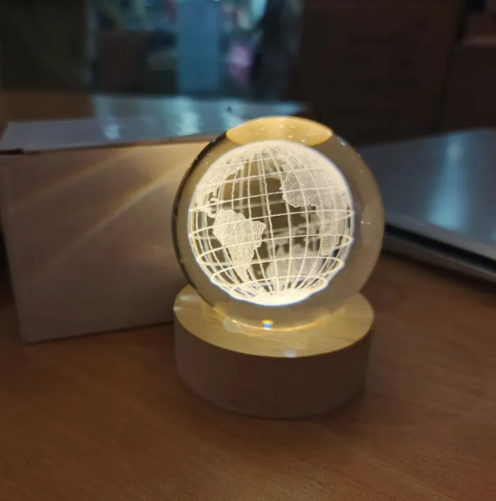 3D LED Crystal Glass Ball Table Lamp with Wooden Base – Random Engraved ...