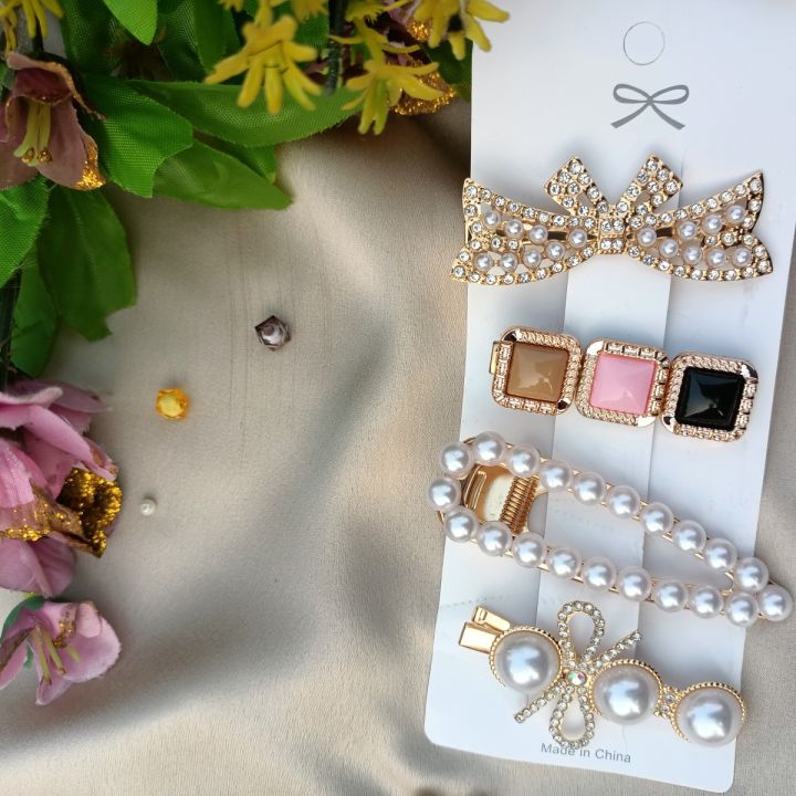 4 Pc fancy Korean hair pins set, Elegant pearl hair pins for girls- The ...