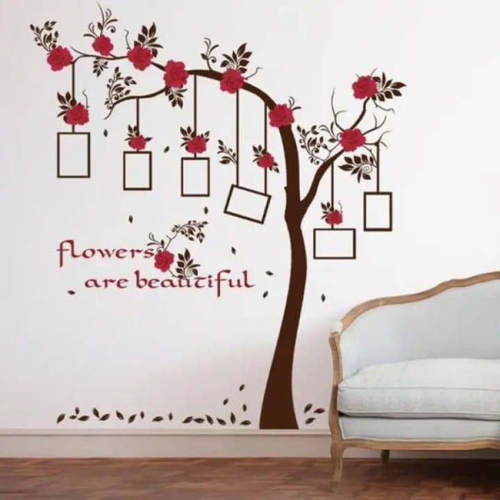 SK9086 New Chic Family Red Flowers Photo Frame Tree Wall Sticker Living ...