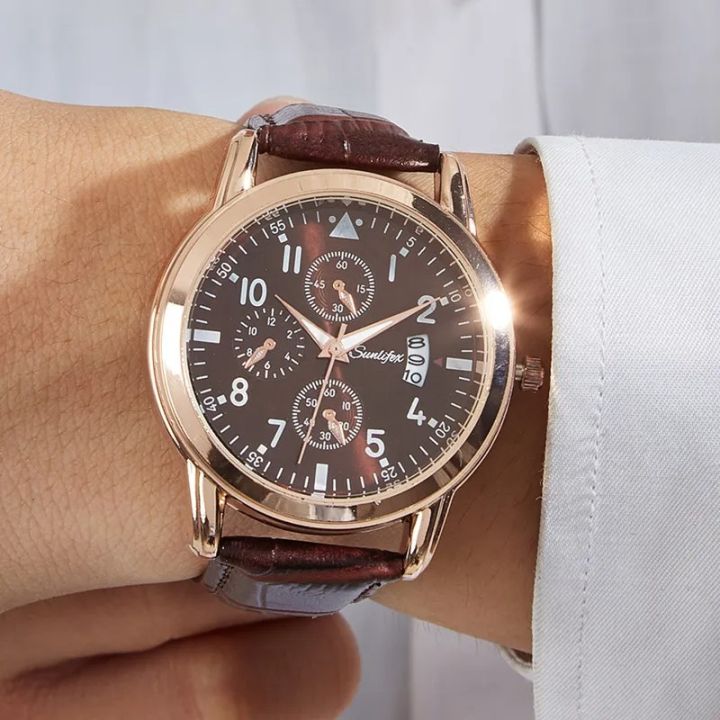 "POSHI Original Men's Luxury Quartz Watch with Leather Strap, Date ...