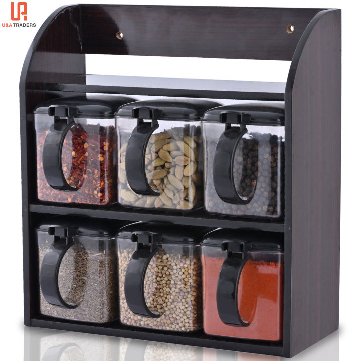 High Quality wooden masala rack new design wall mounted 6 jars ...