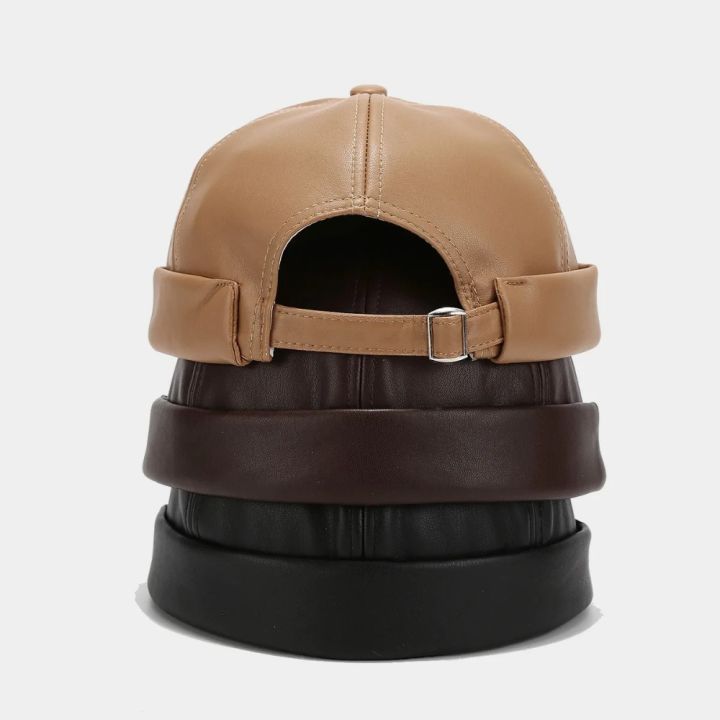Casual Retro Brimless Hat PU Leather Adjustable Melon Skin Caps Solid ...