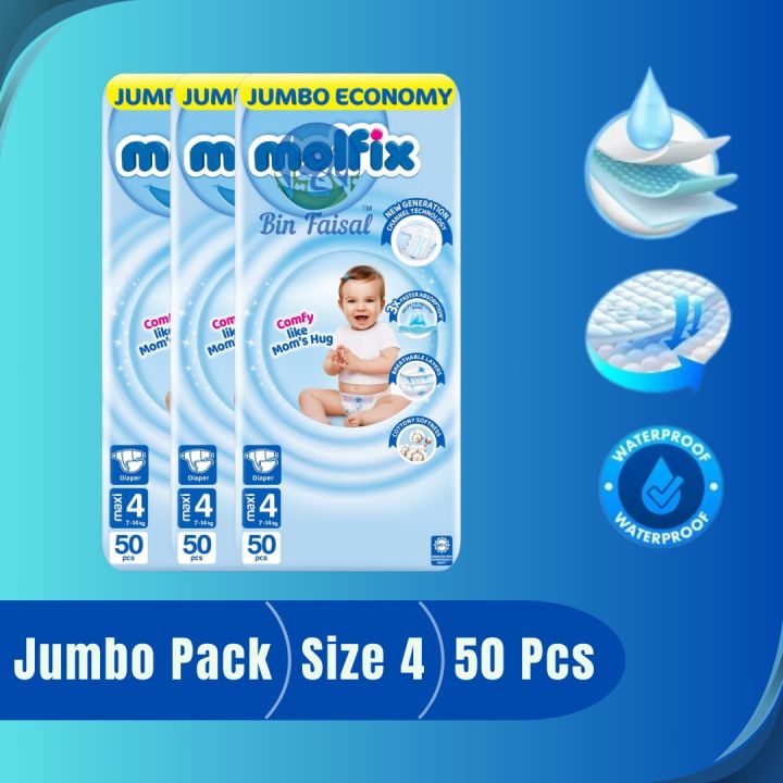 New Molifix Size 4 Large 50pcs Diapers Jumbo Pack (7-14kg) Pack of 3 ...