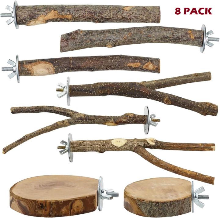 8-Piece Set Natural Wood Bird Perches - Wooden Parrot Stand with Fork ...