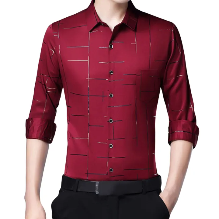 Men Dress Shirt Irregular Stripes Satin Surface Casual Single-breasted ...