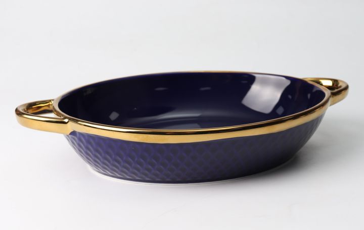 Royal Elegant Oval Navy Blue Serving Dish With Handles And Golden Edges ...