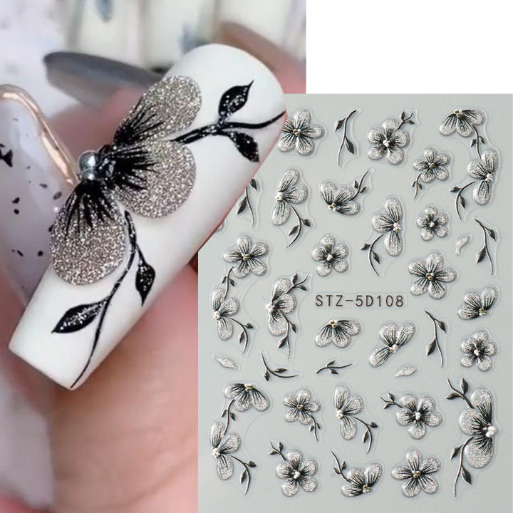 5D Black Glitter Nail Stickers Watercolor Blooming Nail Manicur Spring ...