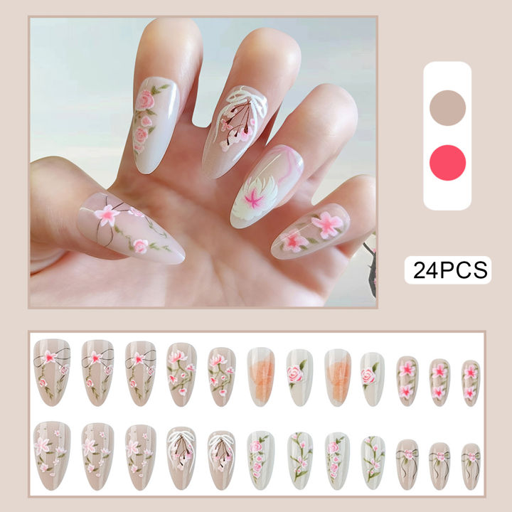 DY1466-K1 24PCS Flower Printed Fake Nails Romantic Tulip Bow Design ...