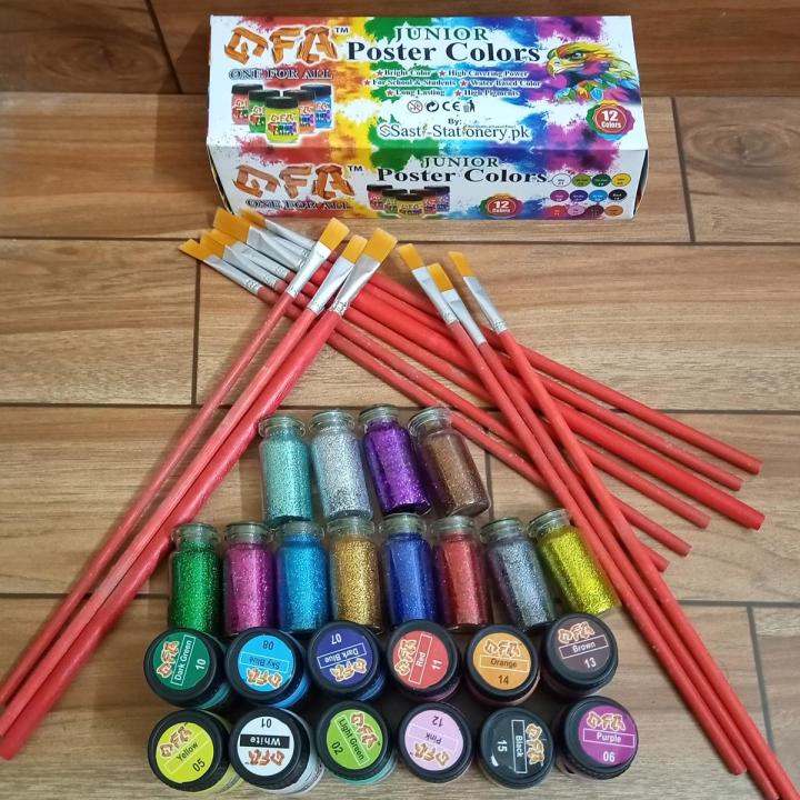Pack of 12 OFA Poster Color bottles , 12 glitter & 12 brush Multi ...
