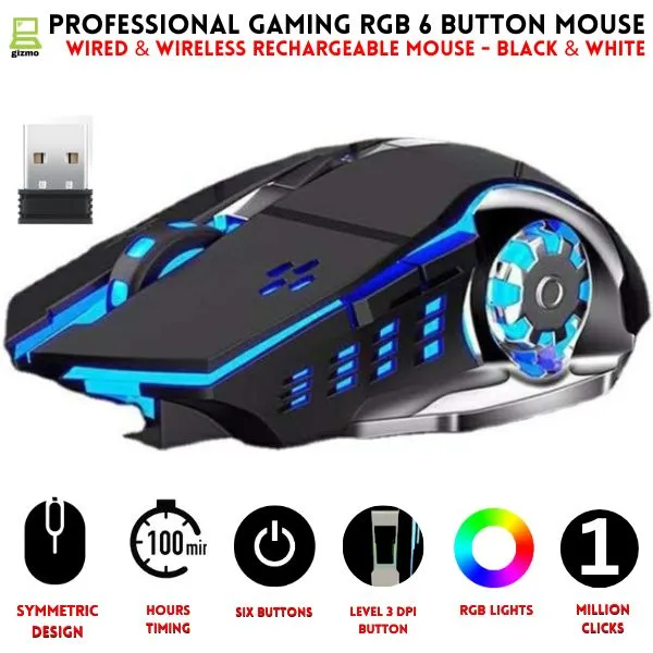 Rechargeable Gaming Mouse 6 Button RGB Lights Mouse - Wired & Wireless ...