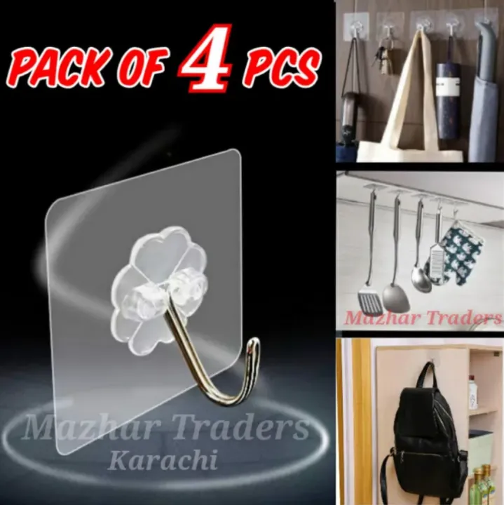 Pack of 4- Magic Hook Without Nails Transparent Strong Sticky Heavy ...