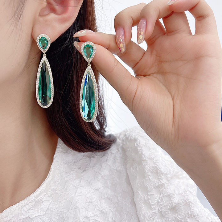 Green/purple Long Water Drop Shape Cz Earrings For Women Temperament ...