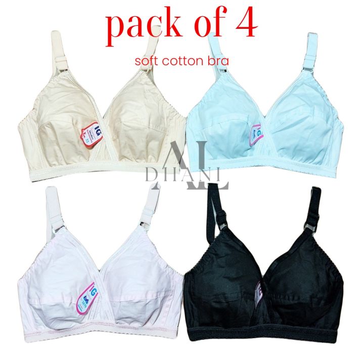 PACK OF 4 PLAIN COTTON REGULAR USE NON PADED BRA 4 COLORS SOFT BRAZER ...