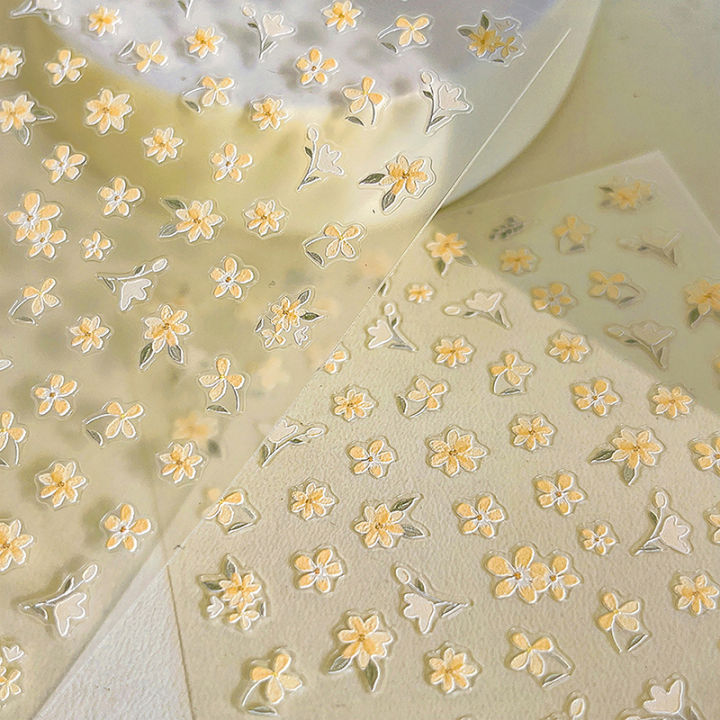 Yellow Flower Nail Stickers Floral Relief Nail Back Adhesive Tape Nail ...