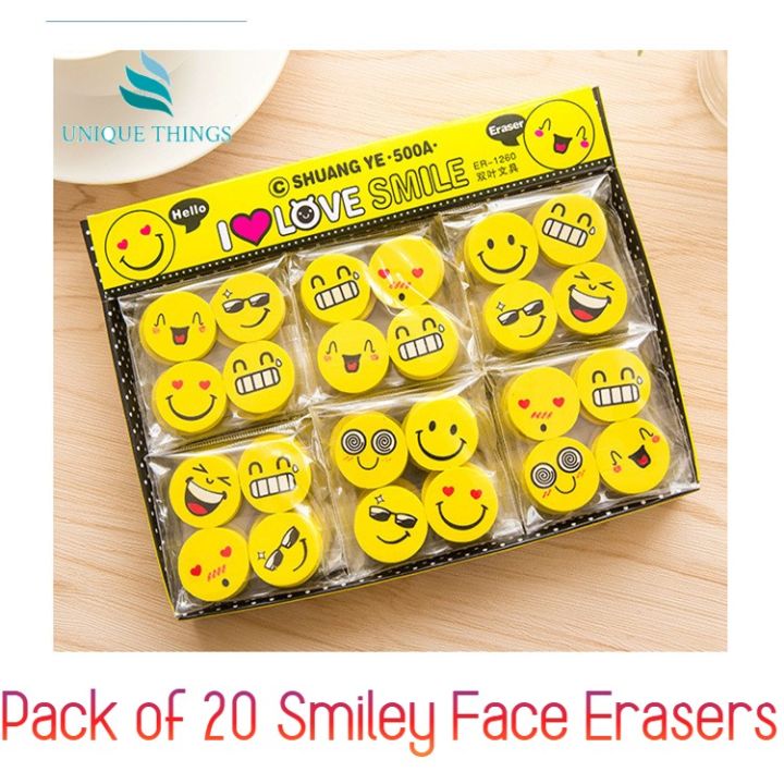 Pack of 20 – Smiley Face Erasers for Kids / Cartoon Eraser Emoji ...