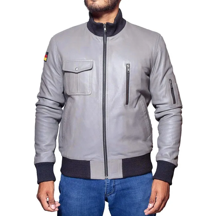 leatherly Luftwaffe Grey Genuine Real Leather Jacket with German Flag ...