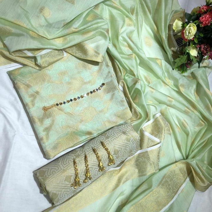 Banarsi Paper Cotton Jacquard Three Pcs Dress with jamawar style ...