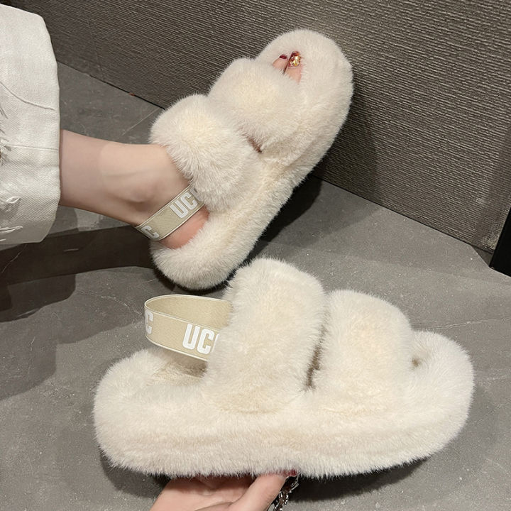 Platform Fluffy Shoes Ladies New Korean Style Two-Way Elastic Band Fur ...