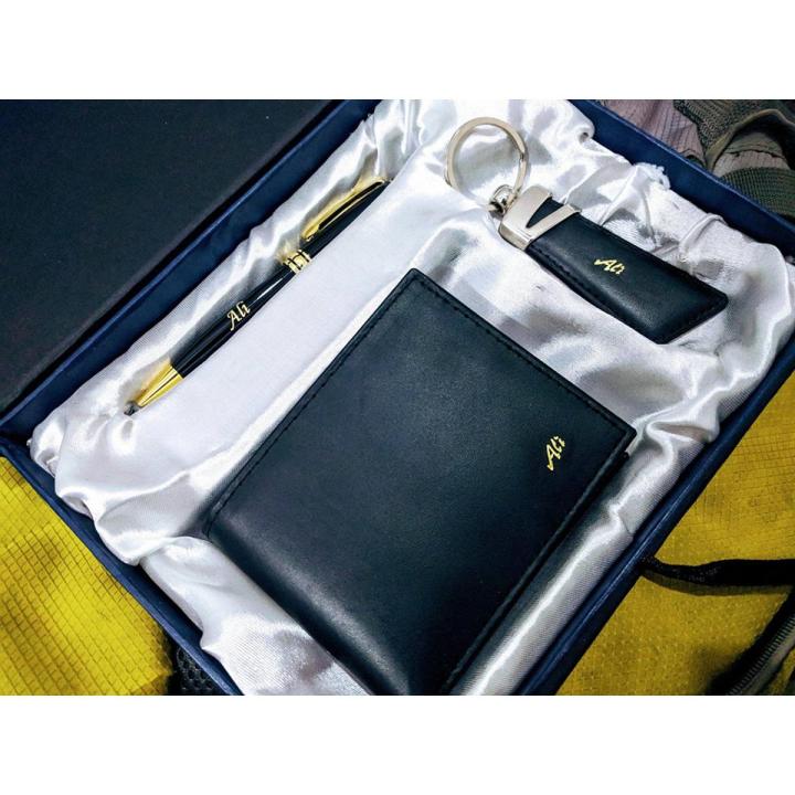 Customized Name on BLACK Wallet ,BLACK Keychain and BLACK Pen | Daraz.pk