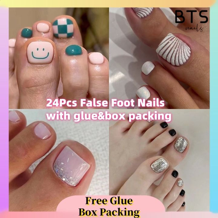 BTS【WITH GLUE】24Pcs Box Packing Fake Foot Nails with Glue DIY Art ...