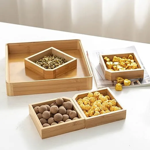 Serving Platter - 4 Compartments Bamboo Wooden Divided Serving Tray ...