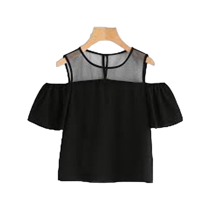 Open Shoulder Mesh Panel Top ( Fabric Lilnen And Net) | Daraz.pk