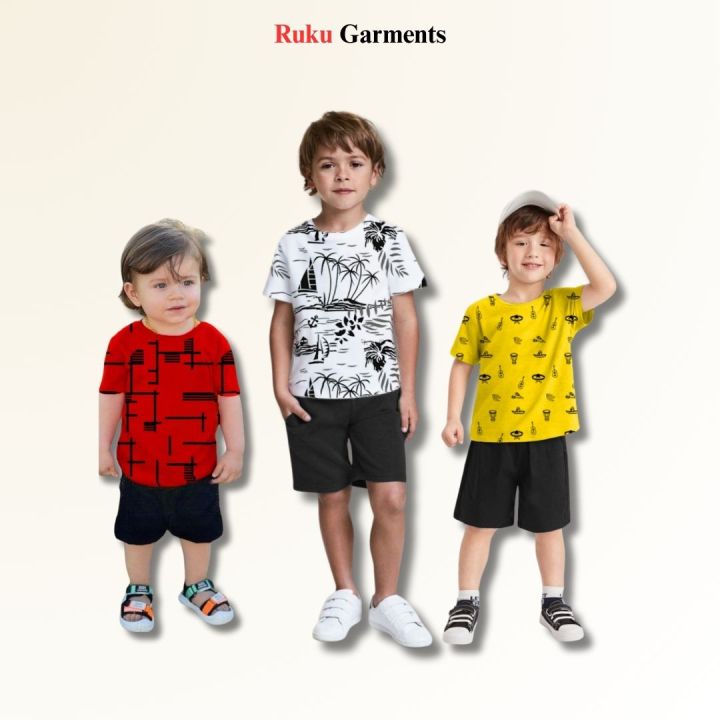 Ruku Garments Pack Of 3 Allover Printed Contrast Tees & Shorts Suits ...