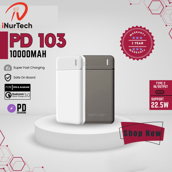 iNur Tech SOVO PD 103 10000MAH PORTABLE CHARGER POWER BANK | Daraz.pk