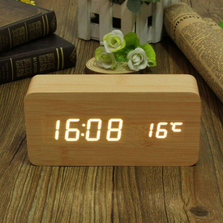 Bamboo Wooden Digital White LED Alarm Modern Clock Calendar Thermometer ...