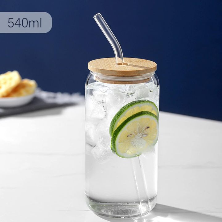 Premium Transparent Round Drinking Glass Tumbler with Bamboo Lid And Glass Straw 540ML | Daraz.pk