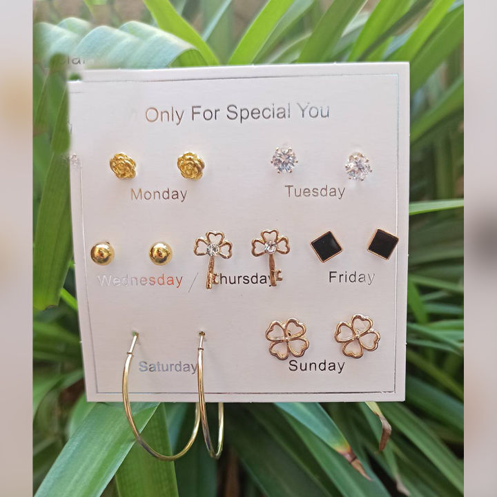 Delicate Pack of SEVEN everyday of week Stud Earrings | Daraz.pk