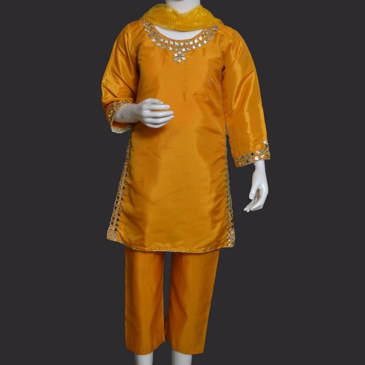 Dzyne Silk Embroidered Mirror work Stitched 3 Pc Dress For Girls and ...