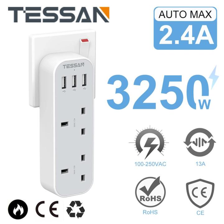 TESSAN PK 3 Pin Extension Plug Adaptor with 3 USB Port Multi Way for ...