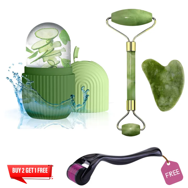Jade Roller with Gua Sha, Silicone Ice Roller, and Free Derma Roller ...