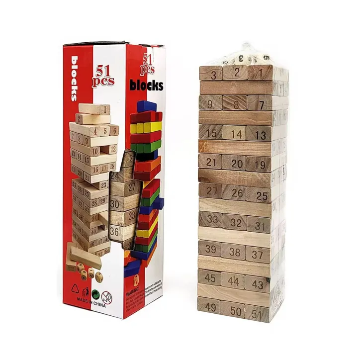 51-Piece Jenga Wooden Numbered Tumbling Tower Game – Classic Stacking ...
