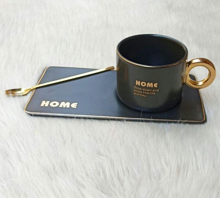 Coffee Mug with Coaster and Spoon, Ceramic Coffee Cup Handmade Gold ...