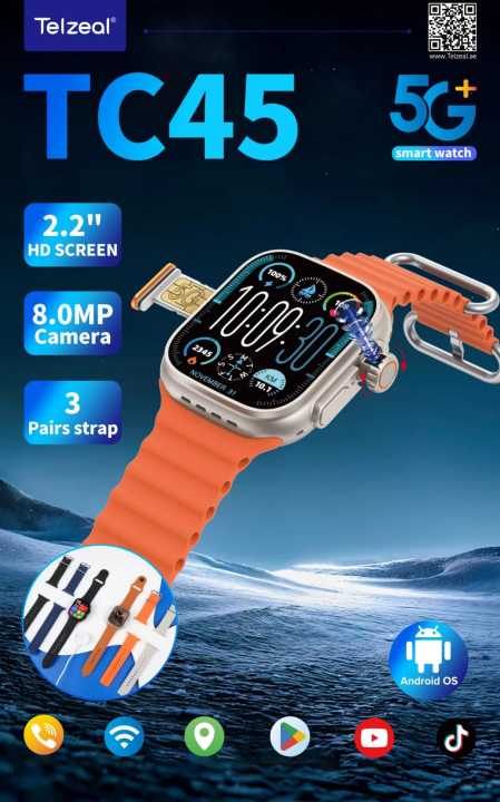 Telzeal TC45 SM CARD 5G Smart Watch 2.2″ HD SCREEN Android 8.0MP Camera ...