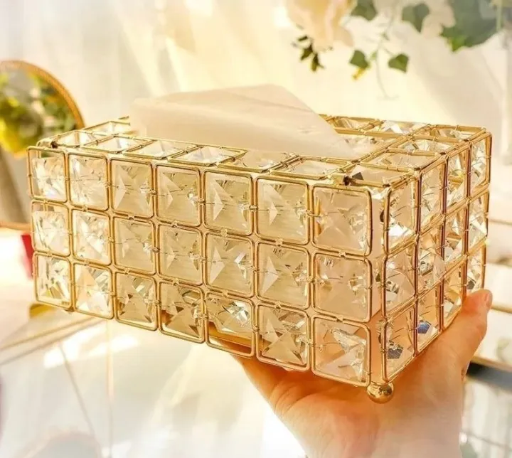 MTJ Fancy Golden Tissue Box luxury Crystal Stones Box For Vanity ...