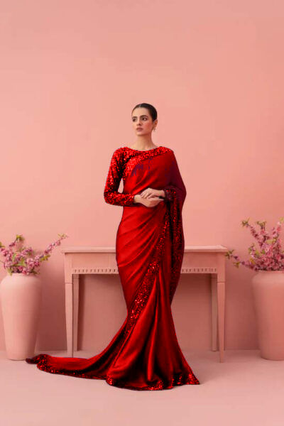 RED SILK STITCHED READY MADE SAREE RED SILK SEQUENCE SAREE RED SILK ...